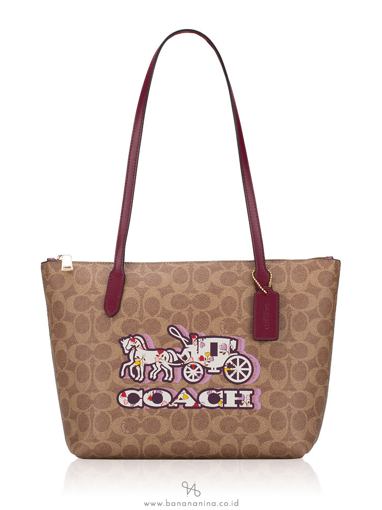 Coach CX587 Signature Horse And Carriage Fiona Zip Tote Tan Black Cherry