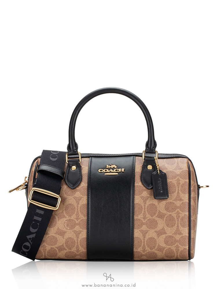 Coach CW376 Signature Leather Stripe Rowan Satchel Tan Black